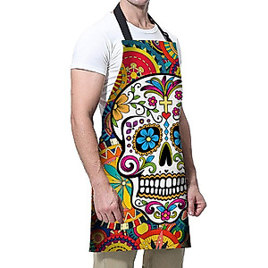 SSOIU Skull Cooking Apron, Art Floral Sugar Skull Kitchen Apron For Baking/BBQ Men Women Unisex Waterproof 31X27 Inches