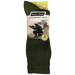 Yacht & Smith 6 Pairs Of Mens Military Grade Thick Padded Terry Lined Cotton Socks, Ribbed, Dry Wicking, Heavy Duty Crew Sock Green