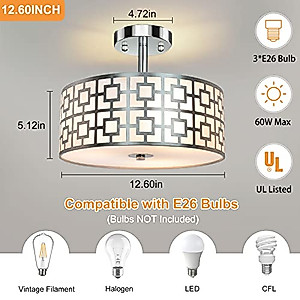DLLT Semi Flush Mount Ceiling Light, 3-Light Modern Entry Light Fixture Ceiling Hanging with Drum Shade for Bedroom, Dining Room, Kitchen, Hallway, Entry, Living Room, Brushed Chrome Finish