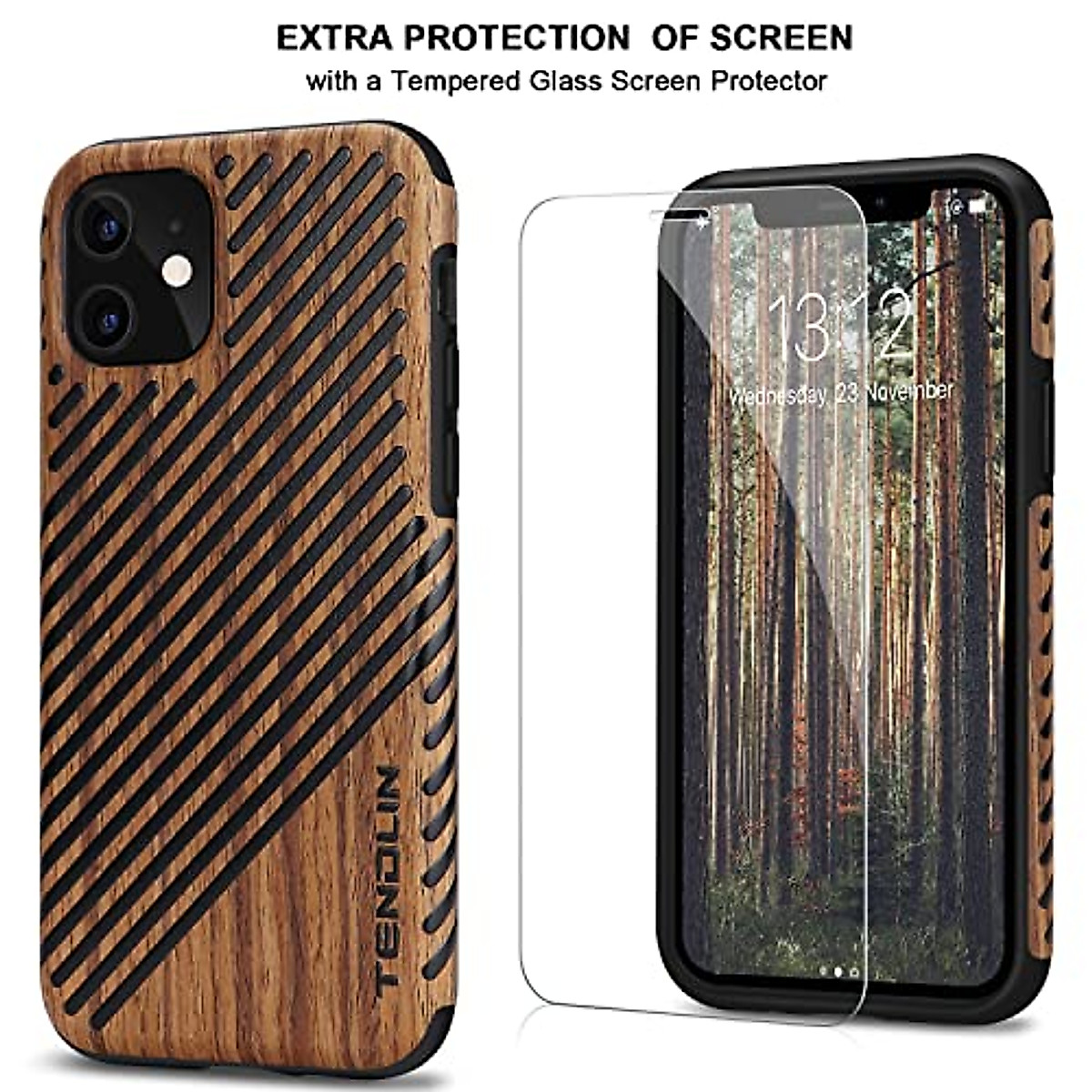 TENDLIN Compatible with iPhone 11 Case Wood Grain Outside Design TPU Hybrid Case (Wood & Leather)