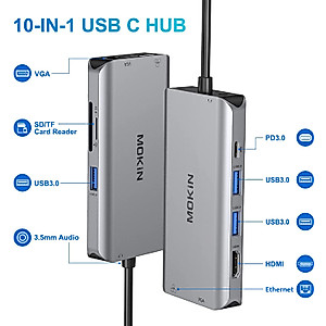 USB C Hub Multiport Adapter, 10 in 1 Dual Display USB C Hub with 4K HDMI, VGA, 100W PD 3.0, 3 USB 3.0,Gigabit Ethernet,SD/TF,Audio Port,USB C Docking Station Compatible for MacBookPro/Dell/Hp/Lenovo