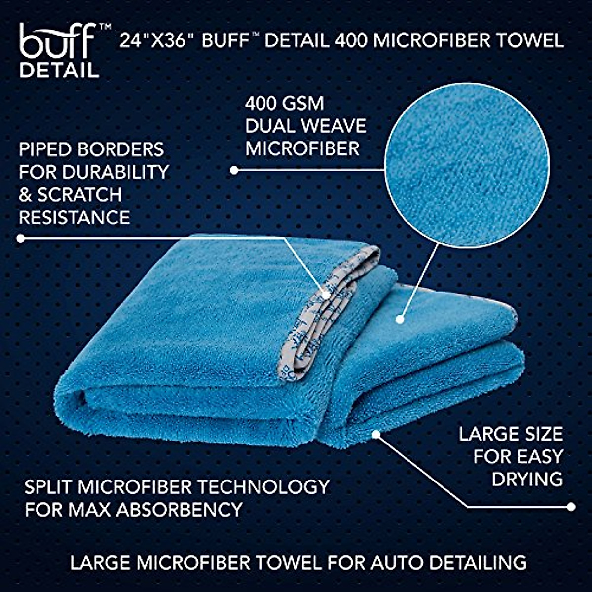 MW Pro Detail Microfiber Car Towels (24"x 36") | 400 GSM | 80/20 Blend | Tagless | Soft Satin Piped Edges | All-Purpose Auto Detailing - Wax, Buff, Polish, Wash, Dry | 2 Pack (Blue)