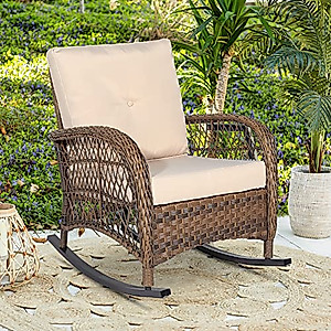 W WARMHOL Outdoor Wicker Rocking Chair with Thickened Cushions, All-Weather Rattan Patio Rocking Chairs, Rocker Wicker Chair for Porch Garden & Backyard, Beige