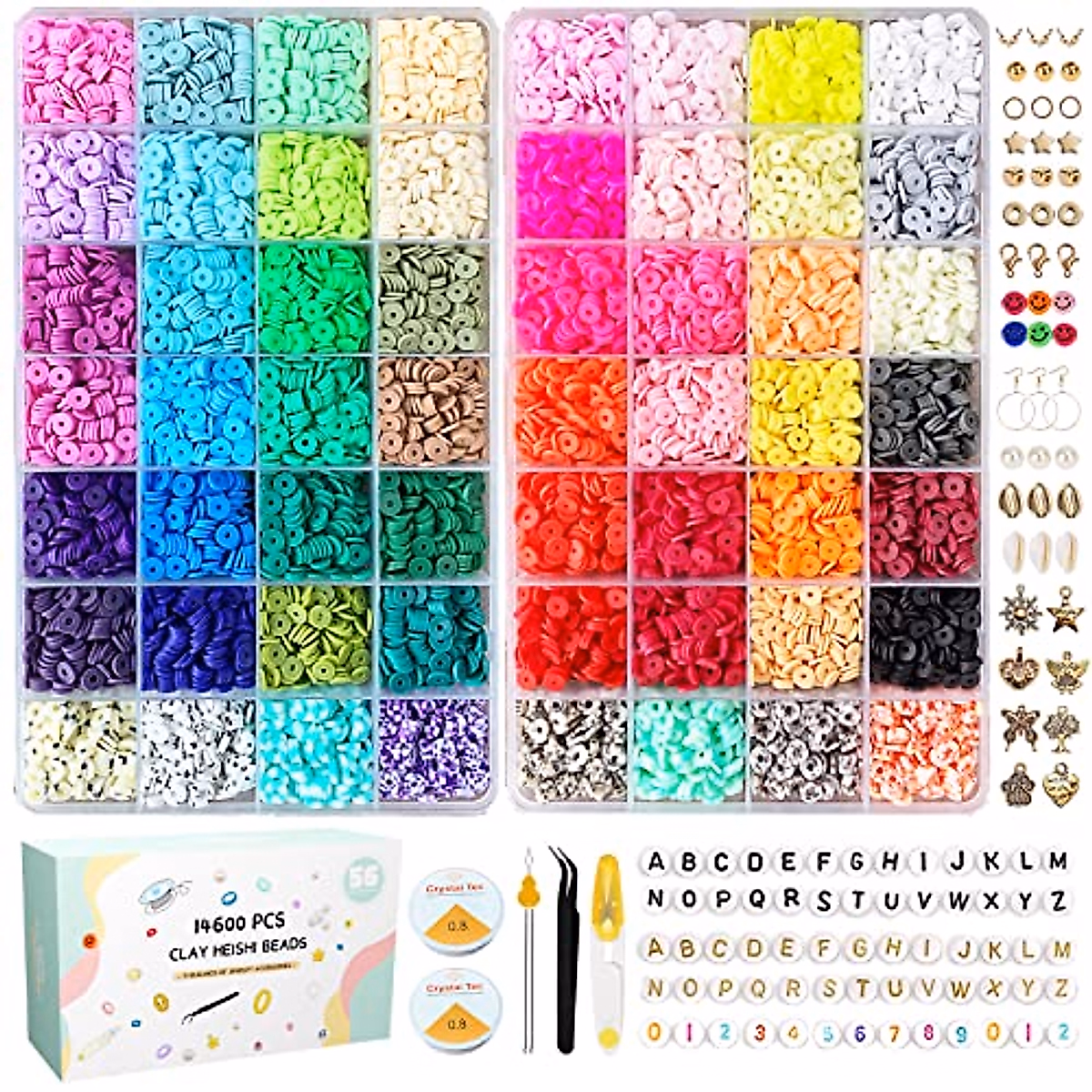 14600pcs Clay Beads for Bracelets Making Kit, 56 Colors Polymer Heishi Flat Clay Beads Charms for Jewelry Earring Making Kit Smiley Face Letter Beads with Necklace Strings Stuff Gift for Girls 6-12