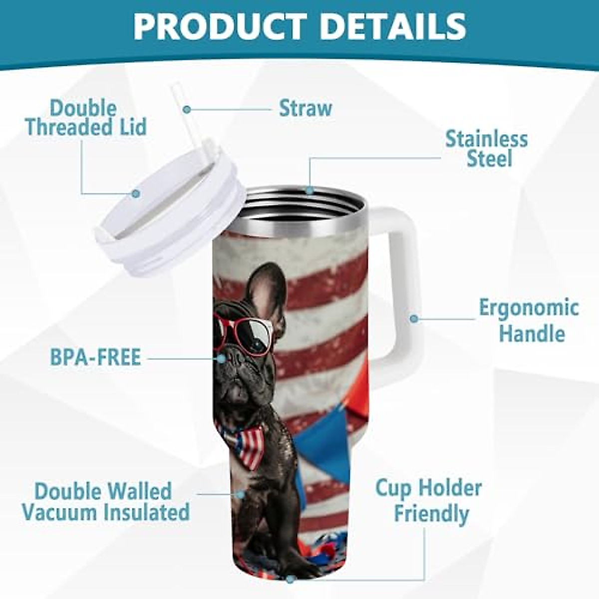 ODAWA a Black French Bulldog Wearing Sunglasses and a Insulated Tumbler 30 Oz Travel Coffee Mug with Handle and Straw