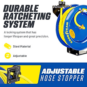 Goodyear Air Hose Reel Retractable 3/8" Inch x 50' Foot SBR Rubber Hose Max 300PSI Heavy Duty Industrial Steel Single Arm Construction