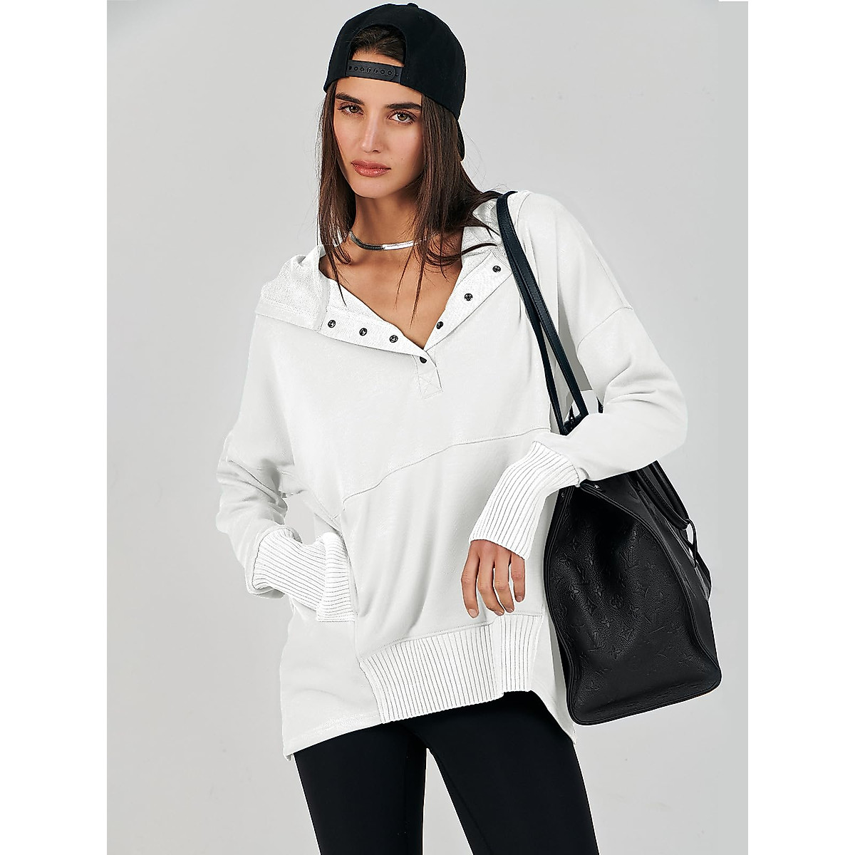 ANRABESS Women Casual Oversized Hoodies Sweatshirts Henley V Neck Hooded Pullover Sweater Tops 2024 Fall Outfits Clothes 1059benbai-M White