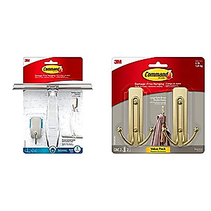 Command Bath Shower Small Water-Resistant Adhesive, Satin Nickel, 1 lb Capacity, 1 Squeegee & Large Wall Hooks, Damage Free Hanging Wall Hooks with Adhesive Strips, No Tools Double Wall Hooks