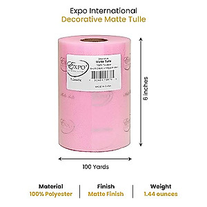 Expo International Decorative Matte Tulle, Spool of 6 Inches X 100 Yards, Polyester-Made Tulle Fabric, Matte Finish, Lightweight, Versatile, Washable, Easy-to-Use Pink