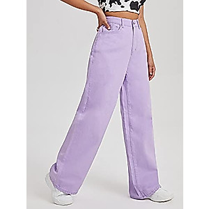 MakeMeChic Women's Casual High Waist Jeans Wide Leg Denim Pants Purple M