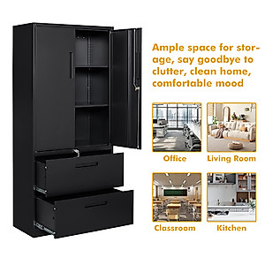 STANI 2 Drawer Lateral File Cabinet, Metal Storage Cabinet with Drawers, Locking File Cabinet with Storage Shelves, Metal Storage Cabinets for Letter/Legal/F4/A4 Size Files (Two Drawer, Black)