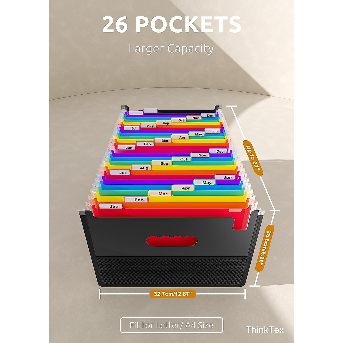 ThinkTex 26 Pockets Expanding File Folder, Upright & Open Top, A-Z Colorful Tabs, Larger Capacity Accordian Folder, Teacher Supplies