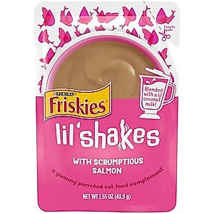 Purina Friskies Pureed Cat Food Topper, Lil’ Shakes With Scrumptious Salmon Lickable Cat Treats - (Pack of 16) 1.55 oz. Pouches