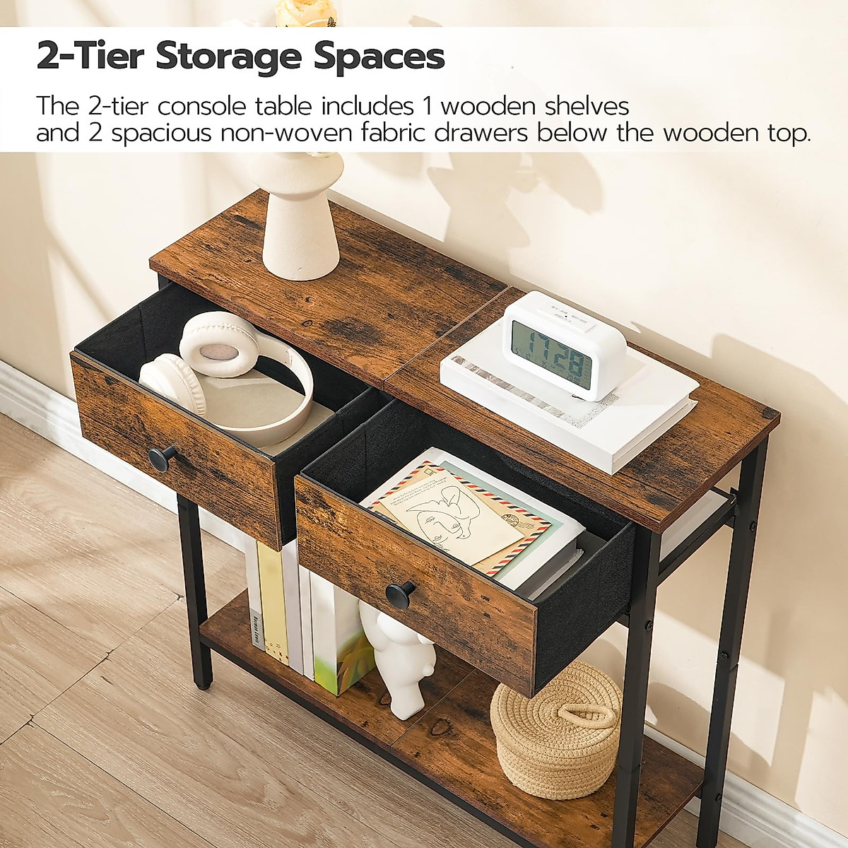 HOOBRO 29.5" Narrow Console Table with 2 Fabric Drawers, Small Entryway Table with 2-Tier Storage Shelves, Thin Sofa Table, Side Table, for Living Room, Hallway, Rustic Brown and Black BF71XG01
