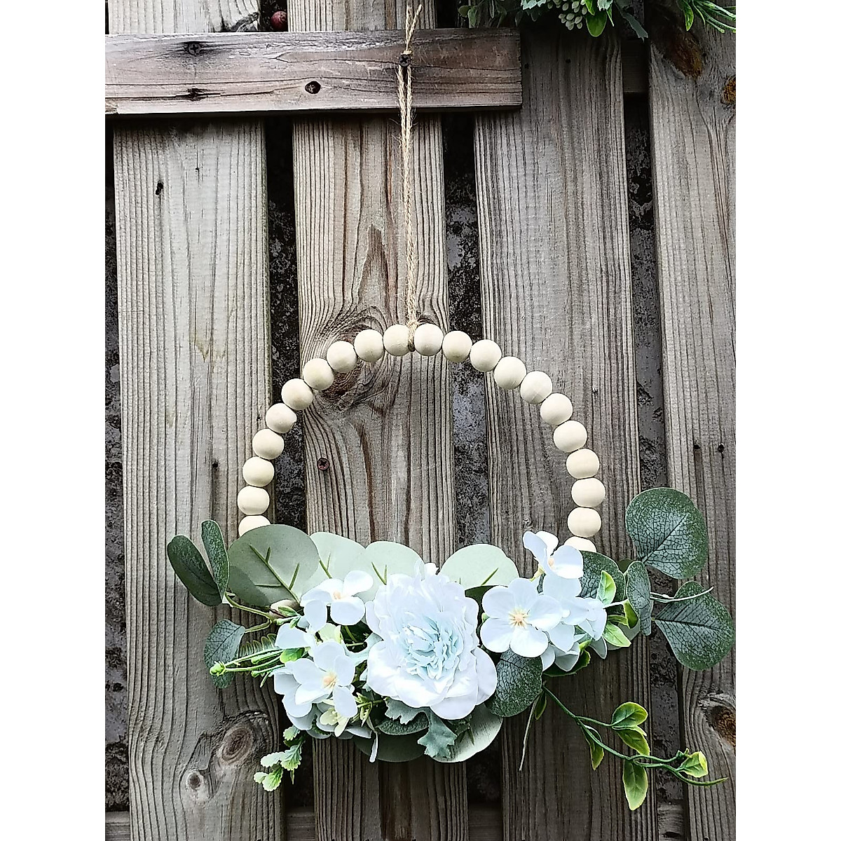 Artificial Flower Wreath,Wood Beads Camellia Wreath, Indoor/Outdoor Farmhouse Wreaths for Front Door Decor