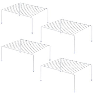 Kitchen Cabinet Storage Shelf Rack/Plastic Feet - (13.1 x 10.2 Inch) - Steel Metal - Rust Resistant Finish - Cups, Dishes, Cabinet & Pantry Organization (4, White)