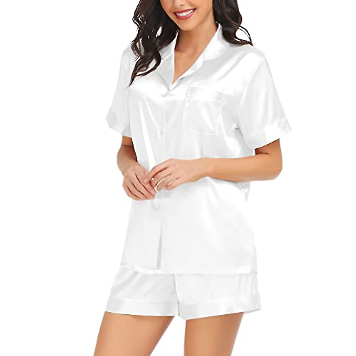SWOMOG Couple Matching Pajamas Set Satin Short Sleeve Sleepwear Silky Pj Set for Women Button-Down Two-Pieces Nightwear