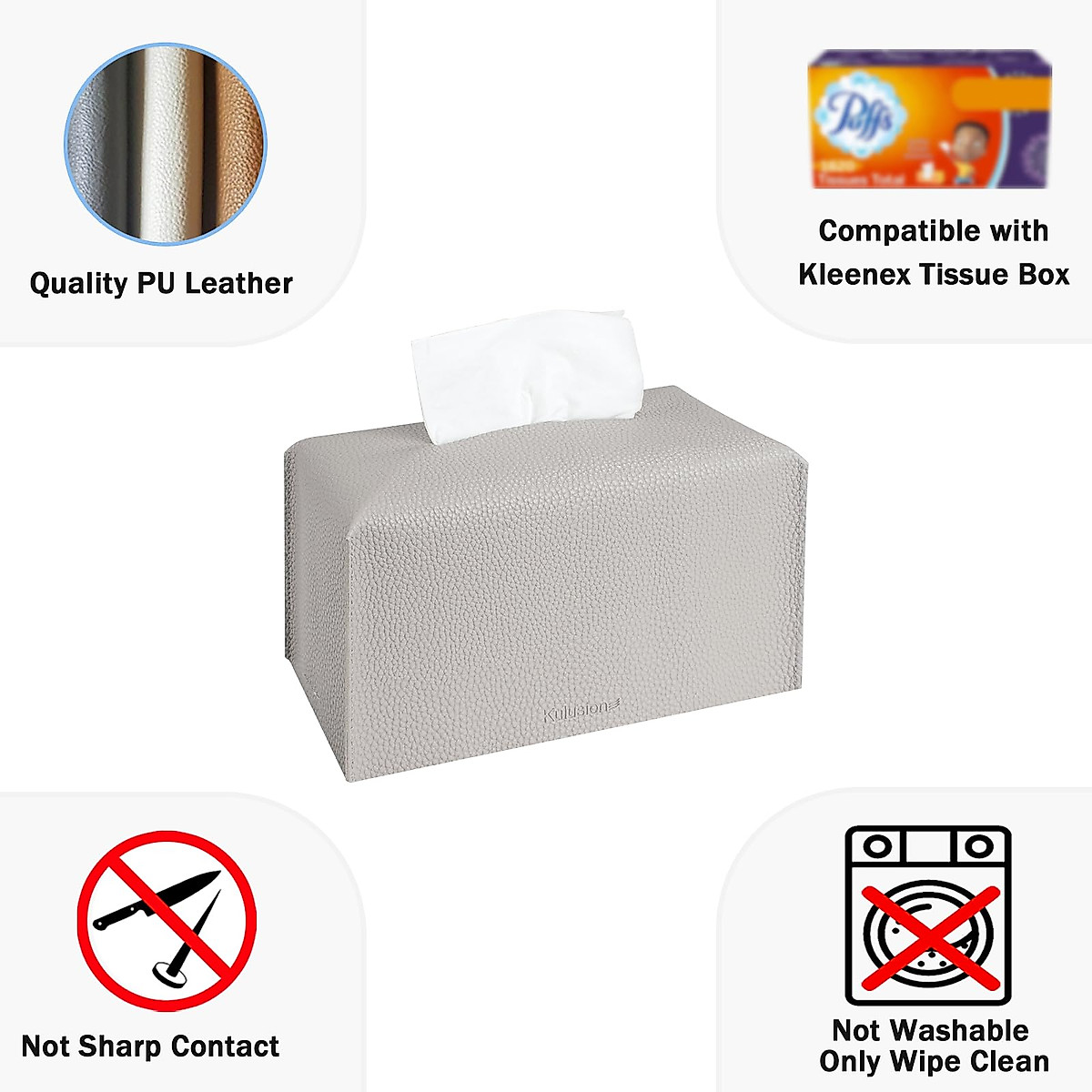 2Pcs Tissue Box Cover Holder, Rectangular with Bottom Belt - PU Leather Tissue Cover Decorative Organizer for Tabletop, Bathroom, Car, Office,9.5X5X5 Inch - Light Gray
