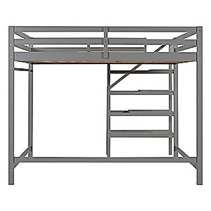 Full Loft Bed with Stairs, Wooden Loft Bed Frame with Storage and Hanger for Clothes (Full Size, Gray)