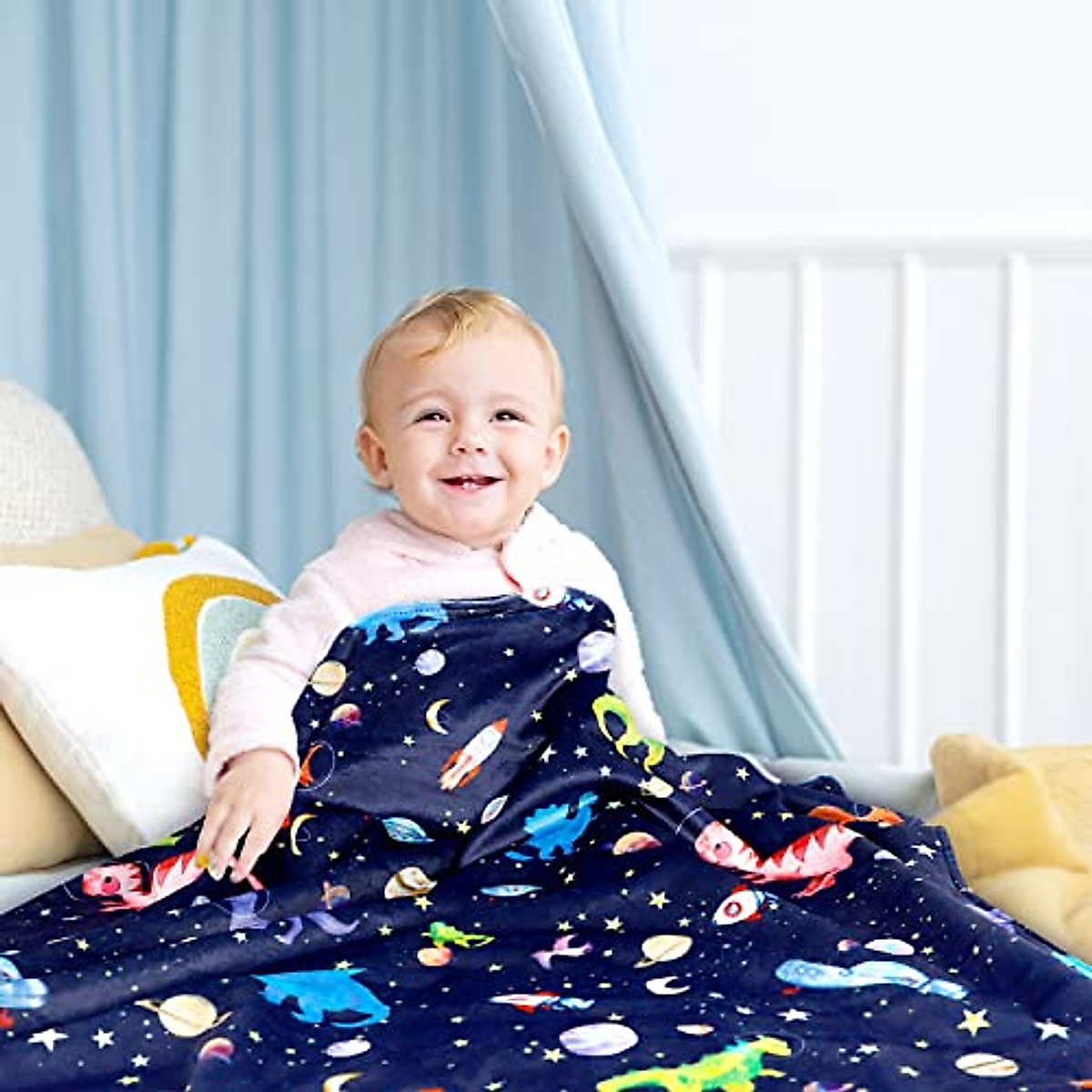 GFU Baby Blanket for Boys Girls, Minky Blanket with Dotted Backing for Toddler, Super Soft Newborn Blanket Shower Gifts, 30 x 40 Inch, Blue Space Dinosaur…