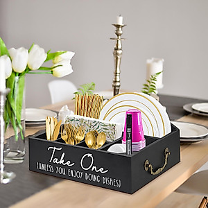 Paper Plate Holder, Paper Plate Dispenser for Kitchen Counter, Wood Cutlery Flatware Organizer Box for Party, Picnic BBQ, Wood Silverware Holder Utensil Caddy for Plate, Cup, Fork, Spoon Napkin(Black)