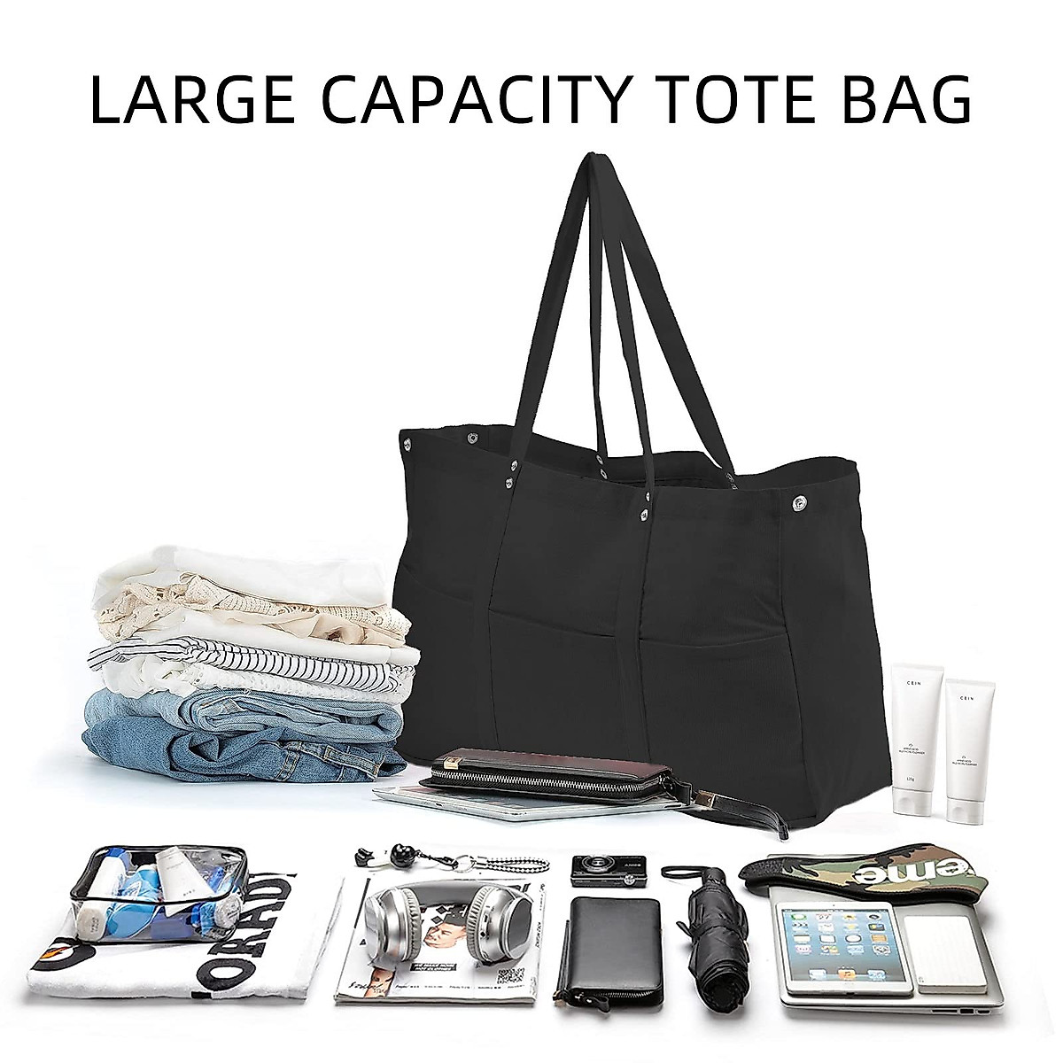 LLYLIU Large Canvas Tote Bag with 9 Pockets Extra Big Shopping Beach Travel Reusable Plain Solid Grocery Bags 21"x8"x14"