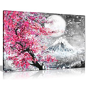 Panther Print, Canvas Prints, Framed Wall Art for Bedroom & Living Room, Modern Home Decor, Pink Black & White Oil Painting Japanese Cherry Blossom Landscape, Print for Special Occasions (31x20cm)
