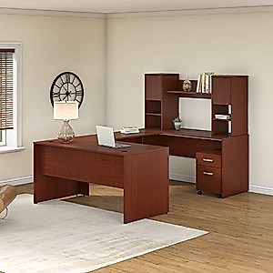 Bush Furniture Commerce 60W U Shaped Desk with Hutch and Mobile File Cabinet in Autumn Cherry