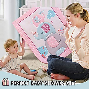 Honkaii Elephant Crib Bedding Set 4Pcs for Girls with Comforter Fitted Sheet Crib Skirt Diaper Stacker, Machine Washable, Suitable for 28 x 52 Inch Cribs, Lovely Nursery Crib Sets for Baby(Pink)