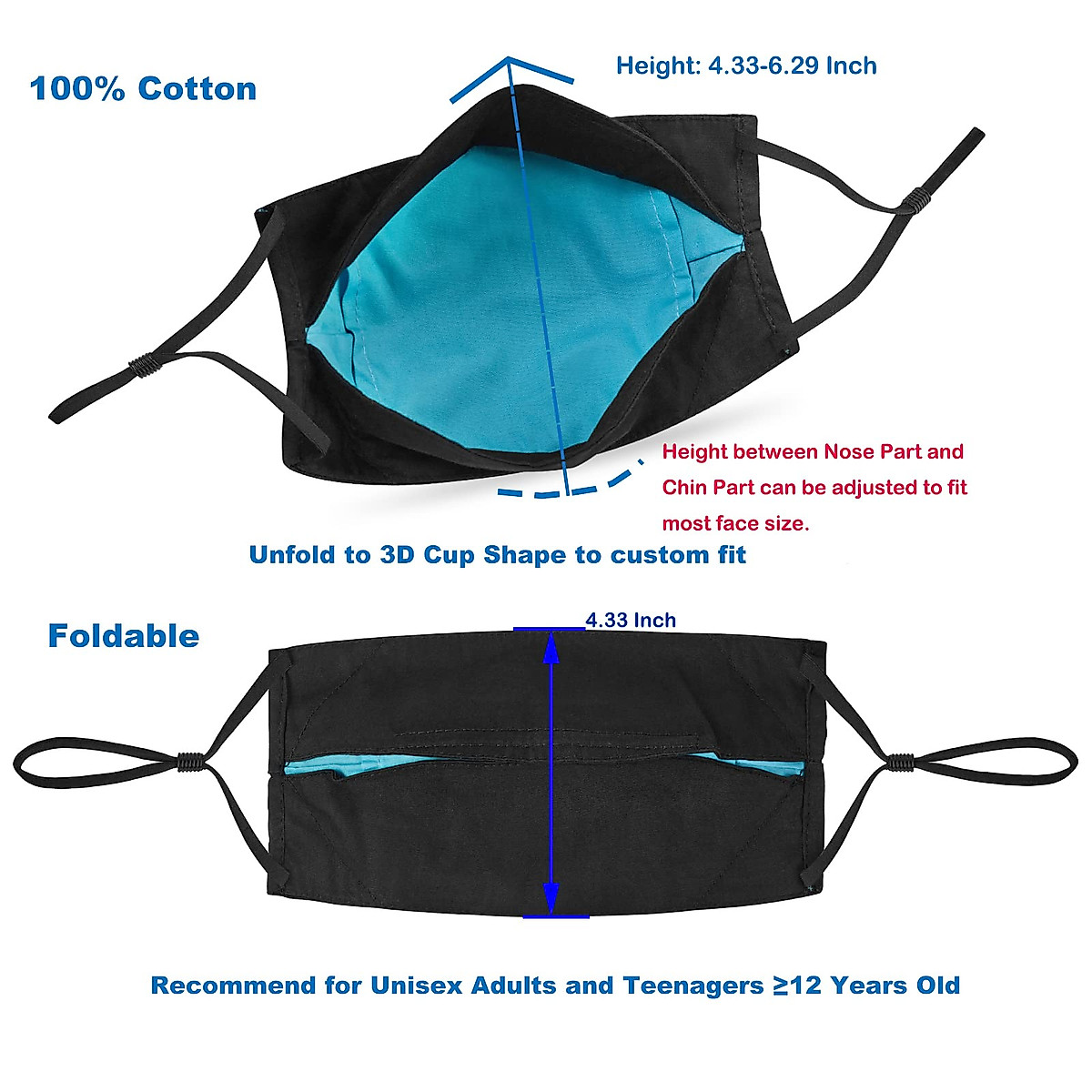 3-Ply Organic Cotton Cloth Face Mask Reusable Washable, Face Masks Adjustable Ear Loops Nose Wire Filter Pocket, Pack of 3 No Fog/Dust for Unisex Adult (3 Black)