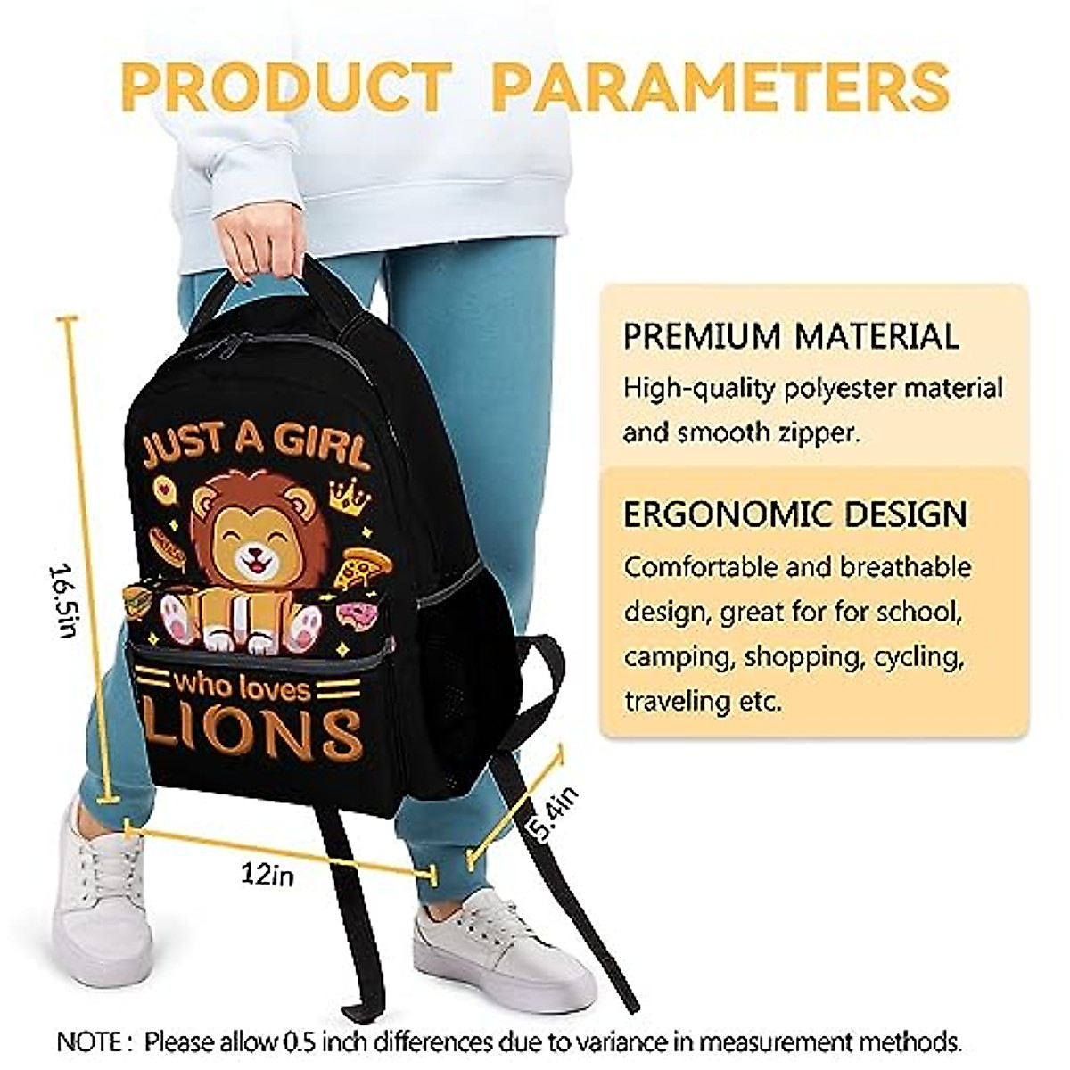 Homexzdiy Lion Backpack for Kids Girls Boys, 16" Black Backpacks for School, Cute Lightweight Bookbag for Children Teens