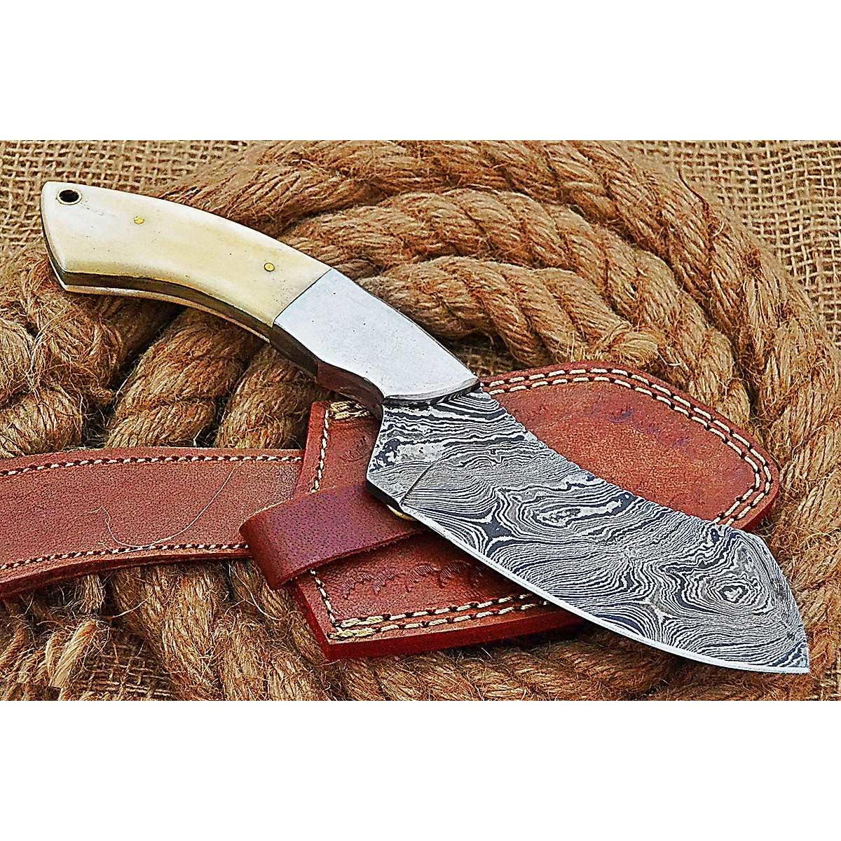HUNTEX Handmade Hand-Forged Twist Pattern Damascus Steel 9 Inch Long Full Tang Natural Camel Bone Handle Razor Sharp Hunting Camping Cleaver Knife w/Genuine Leather Sheath