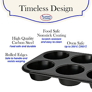 Alpine Cuisine Muffin Pan Big 6 Cup 12.5-Inch - Nonstick Carbon Steel Pan - Black Easy Release, Leak-Proof & Heavy Duty Big Muffin Pan - Easy to Clean Cupcake Pan - Dishwasher Safe Jumbo Muffin Pan