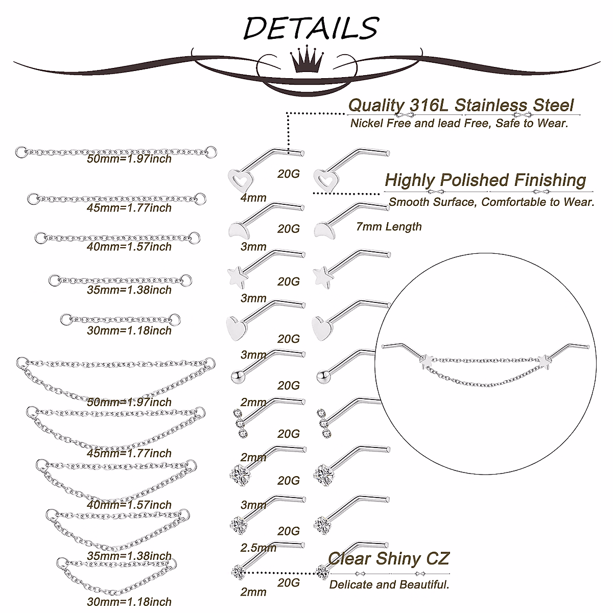 Masedy 20G Stainless Steel Nose Ring Stud Nose Ring Chain Piercing Across Double Nose Stud Heart Ball CZ Nose Studs Nostril Piercing Jewelry SL