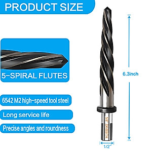 5/8” Bridge Construction Reamer Drill Bit, M2 HSS Taper Chucking Reamer for Steel Alloy Metal Wood Plastic, 1/2" Non-Slip Shank, 5-Spiral Flutes Car Reamer, to Align or Enlarge Holes, 16mm