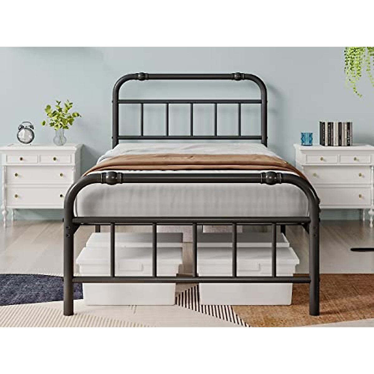 FSCHOS Twin-XL-Bed-Frames-with-Headboard & Footboard, 14 Inch High, Metal Platform XL-Twin-Bed-Frame, Premium Steel Heavy Duty Bed Frame No Box Spring Needed, Easy Assembly, Black