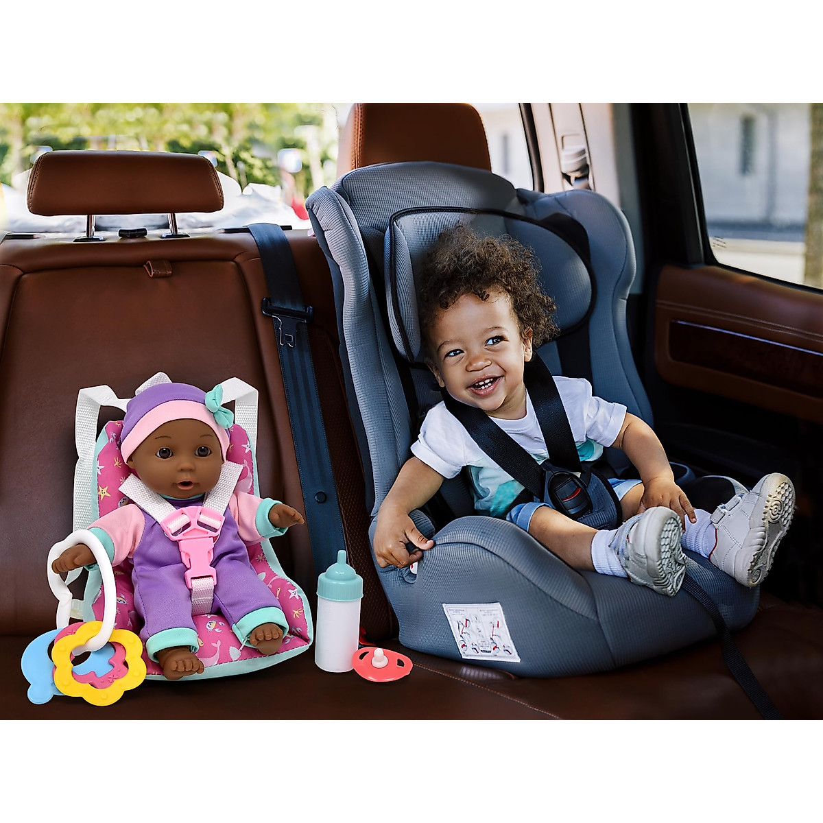 Dolls To Play Baby Doll Car Seat with Toy Accessories, Includes 10 Inch Soft Body Baby Doll, Booster Seat Carrier, Rattle Toy, Bib and Bottle, A Travel Gift Set for Toddlers Infants Girls and Boys