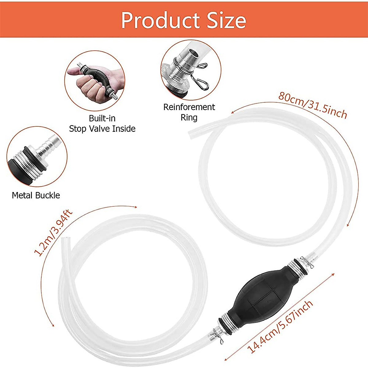 Abnaok Gasoline Siphone Hose, Gas Oil Water Fuel Transfer Siphon Pump, Portable Widely Use Hand Fuel Pump, Fuel Transfer Pump with 2 Durable PVC Hoses