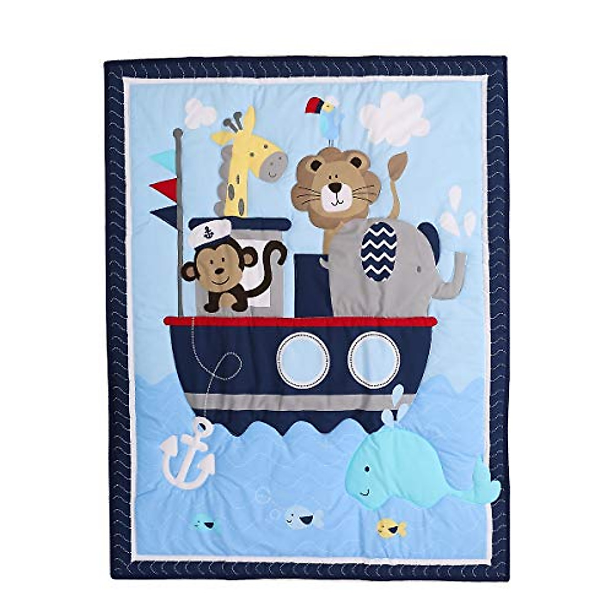 HUPO Elephant Lion Crib Bedding Set for Boys, 3 Piece Includes Quilt,Fitted Sheet,Crib Skirt, Blue Baby Nursery Set, Portable Standard Set(Nautical Theme), Navy Blue, HANGHAI3