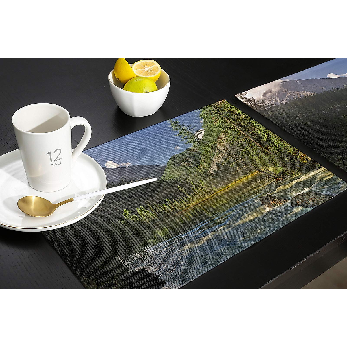 Placemats Set of 4, Flowing River and Pine Trees with Scenic Mountain Place Mats Dining Table Mat for Kitchen Washable Place Mats Heat-Insulation Non-Slip Plate Cup Mats for Table Decor, 13 x 19 Inch