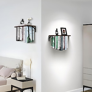 Outink Floating Book Shelves for Wall, Multi-Function Space Saving Wall Bookshelf, Unique Wooden Hanging Bookshelf for Bedroom Living Room Decor & Storage, 16" x 7" (2 Packs, Dark Brown)