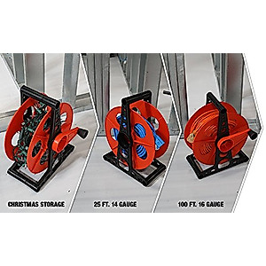 Woods E103 E-103 Wheel, Holds Up to 150 16/3 Extension 125 Feet of 14/3 Gauge Cord, Holiday, Rope, Hose Reel Storage and Light Wire, Heavy Duty Plastic, red and black