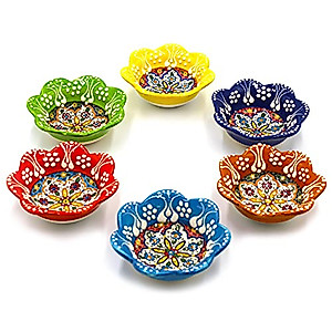 Silver Craft 6 Pcs Daisy Shaped Hand Painted Decorative Serving Turkish Tiny Bowls - Handmade Ceramic Bowl - Set of 6 (3.7 inc/9.5cm) 2.5 Oz Pinch Multicolor Small Serving Bowls - Best Gift Set