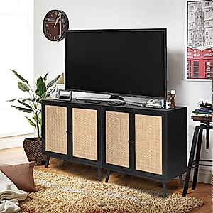 wirrytor 2 Sets of Storage Cabinet with Handmade Rattan Decorated Doors, Rattan Sideboard Buffet Cabinet with Storage for Living Room, Dining Room, Entryway, Kitchen, Black