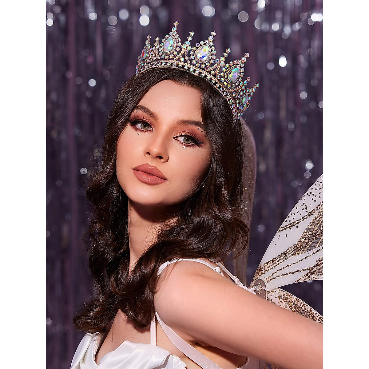 SWEETV Rose Gold Tiaras and Crowns for Women Iridescent Bridal Crown for Wedding Halloween Costume Hair Accessories for Photo Shoot Prom Birthday Party