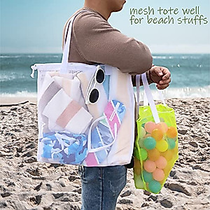 hsmyank Resuable 4Pack Cute Mesh Tote Pool Bags,Mesh Beach Bags With Drawsting For Gym,Travel,Picnic Or Laundry (white handle 2)