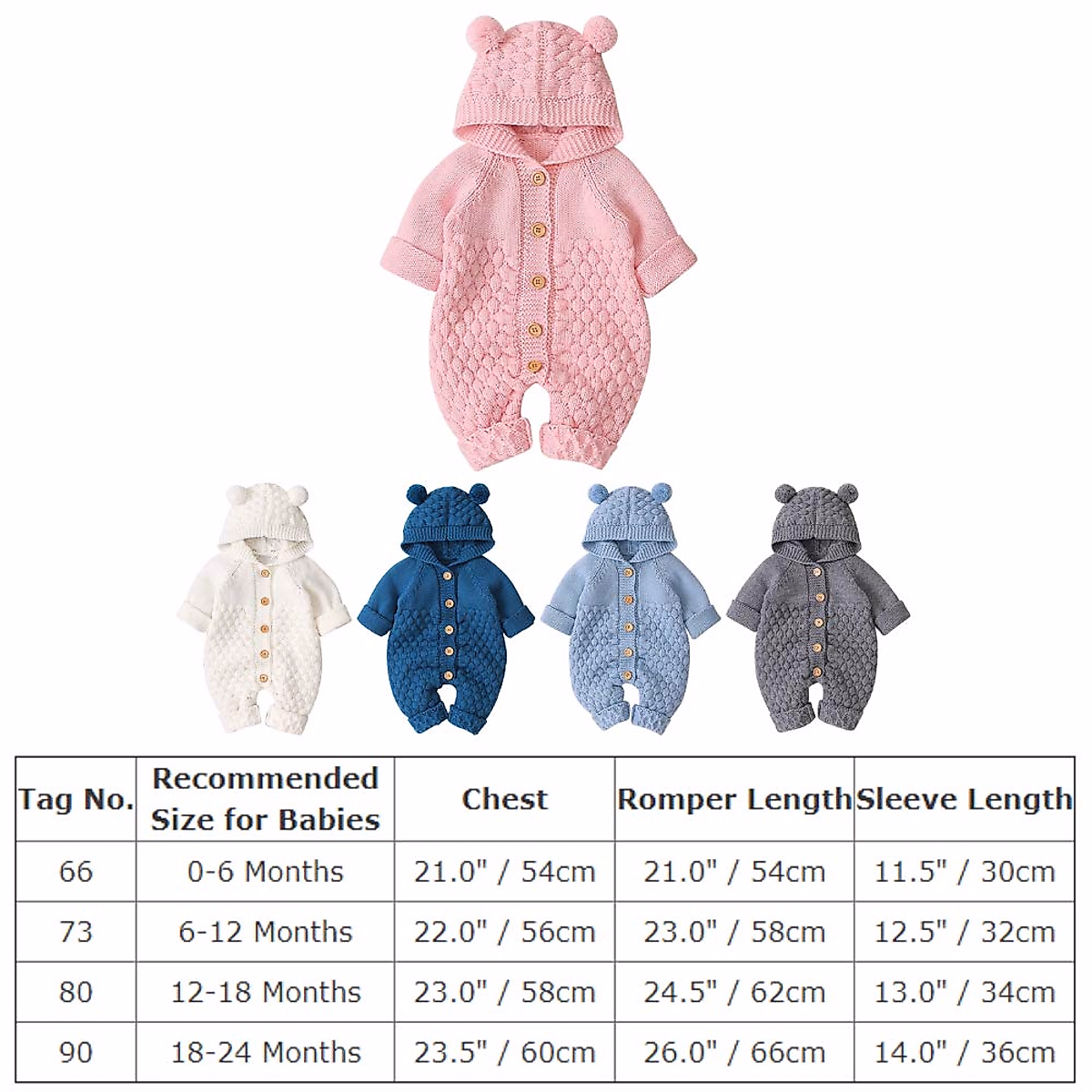 Toddler Baby Boy Girls Cartoon Bear Winter Hooded Jumpsuit Cotton Knitted Sweater Romper Long Sleeve Breasted Bodysuit Knitwear Hoodie Warm Button Coat Overalls Birthday Outfit Light Blue 0-6 Months