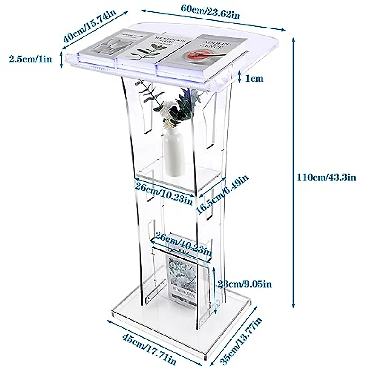 Acrylic Podium Stand with Led Light, Clear Podium with Storage Shelf, Portable Lecterns Pulpit for Church Wedding Classroom Conference Floor Standing Style, Slanted Top