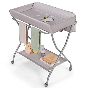Costzon Portable Changing Table, Mobile Baby Changing Table with Wheels, Safety Belt, Large Storage Basket, Rack & Shelf, Folding Diaper Changing Station Nursery Organizer for Infant Newborn (Gray)