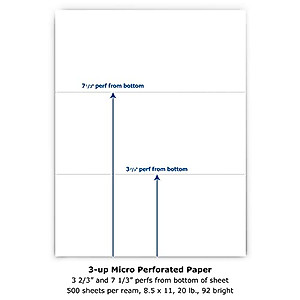 PrintWorks Professional Paper, 8.5 x 11, 20 lb, 2 Horizontal Perfs 3.66" and 7.33", 500 Sheets, White (04120)